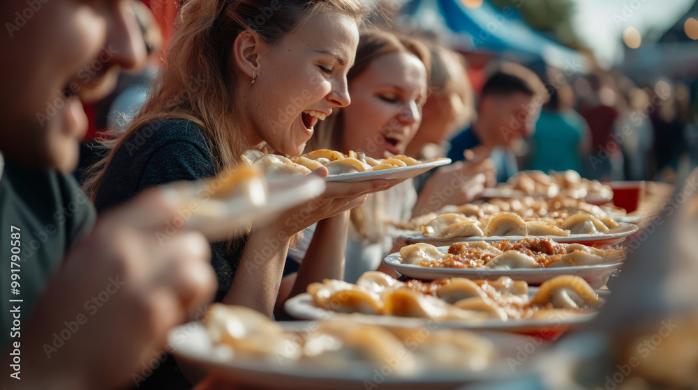Smiling people participating in pierogi-eating contest at the fair for ...
