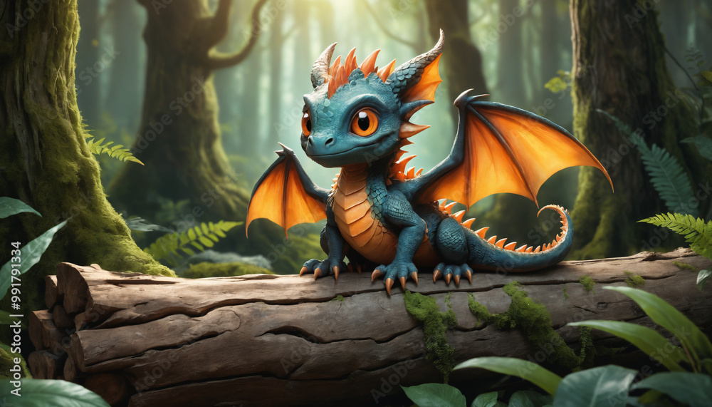 Petit dragon 3D mignon bleu ailes oranges Fantasy compagnon animal ...