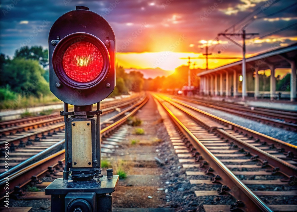 Vintage Railway Signal Displaying Red Light Indicating Stop for ...