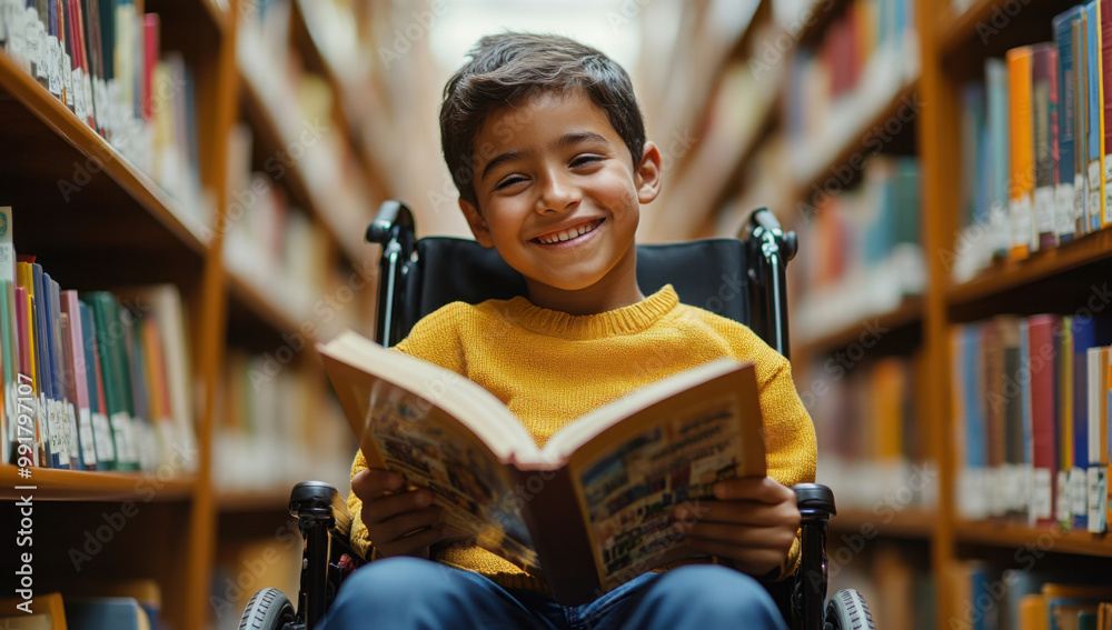 Happy young disabled mixed race school student in wheelchair reading a ...