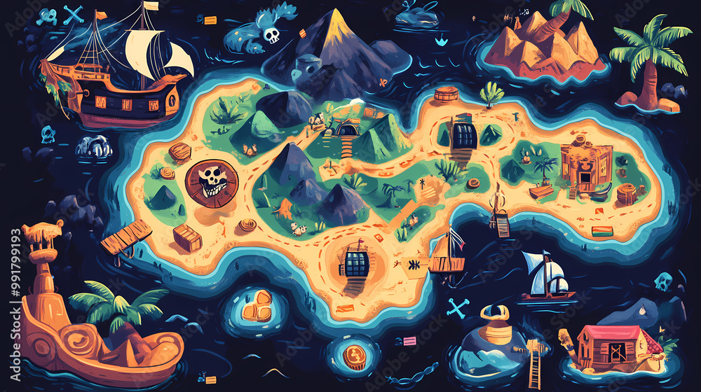 Game plan. children's pirate treasure maps. island. game interface ...