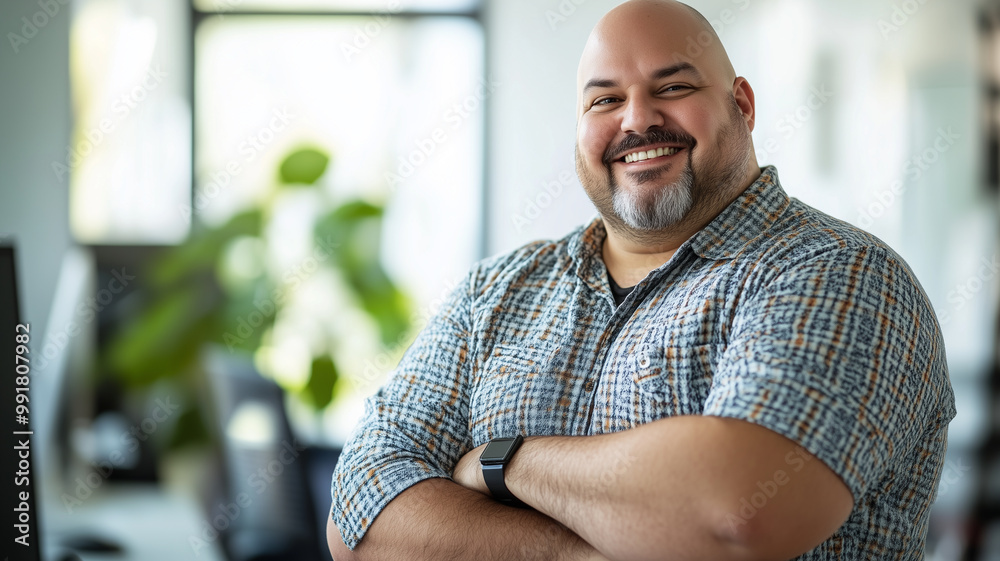 Bald plus size male office worker smiling; office environment ...