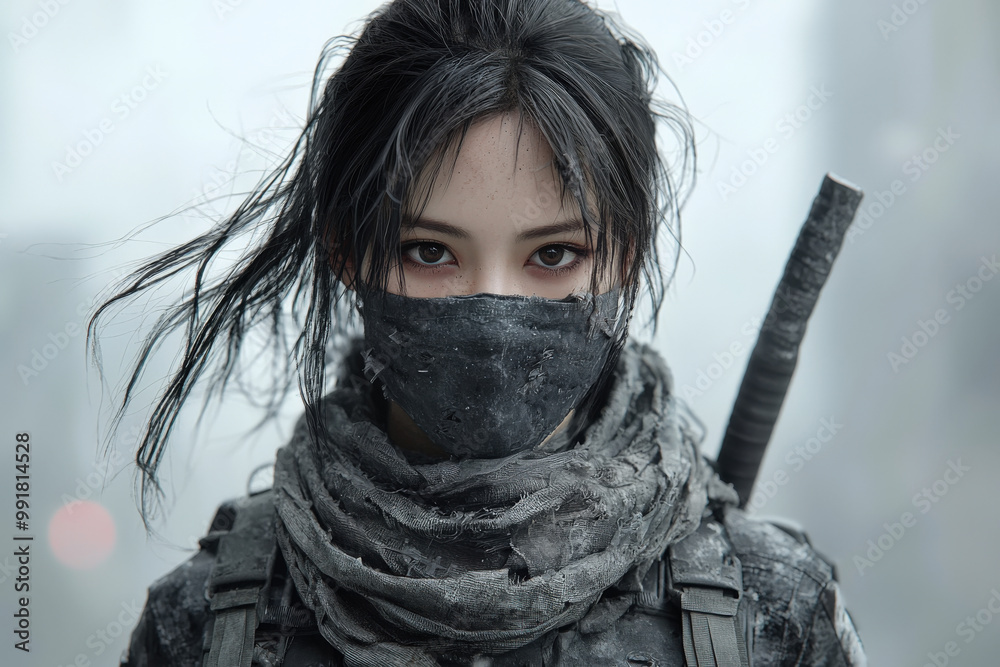 determined female zombie hunter stands in post apocalyptic setting ...