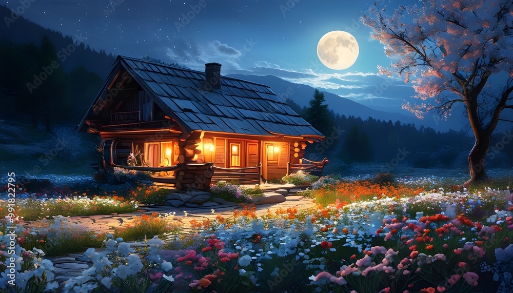 Charming nocturnal retreat of a wooden house embraced by vibrant blooms ...