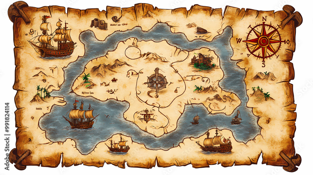 Pirate map with pirate ships, islands and nautical signs. drawing of an ...