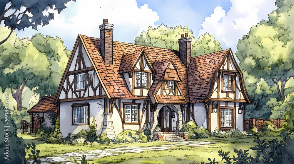 Tudor style house (cartoon colored pencil) - originated in england in ...