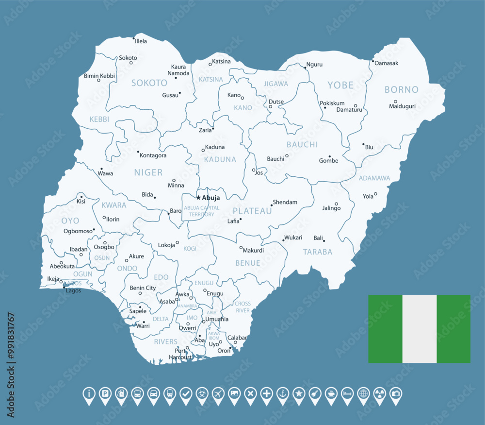 Nigeria - detailed country map with cities and regions. Infographic ...