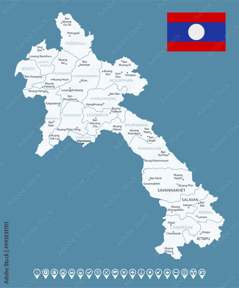 Laos - detailed country map with cities and regions. Infographic icons ...