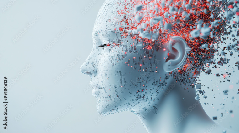 Digital artwork of a fragmented human face, symbolizing the fusion of ...