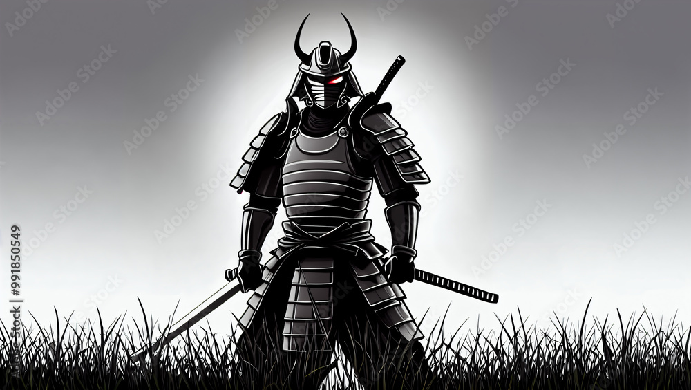 Timeless Warrior in the Field: A Dramatic Black and White Illustration ...