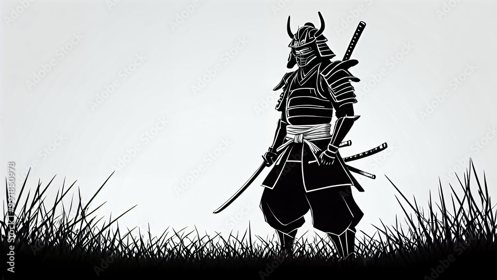Timeless Warrior in the Field: A Dramatic Black and White Illustration ...