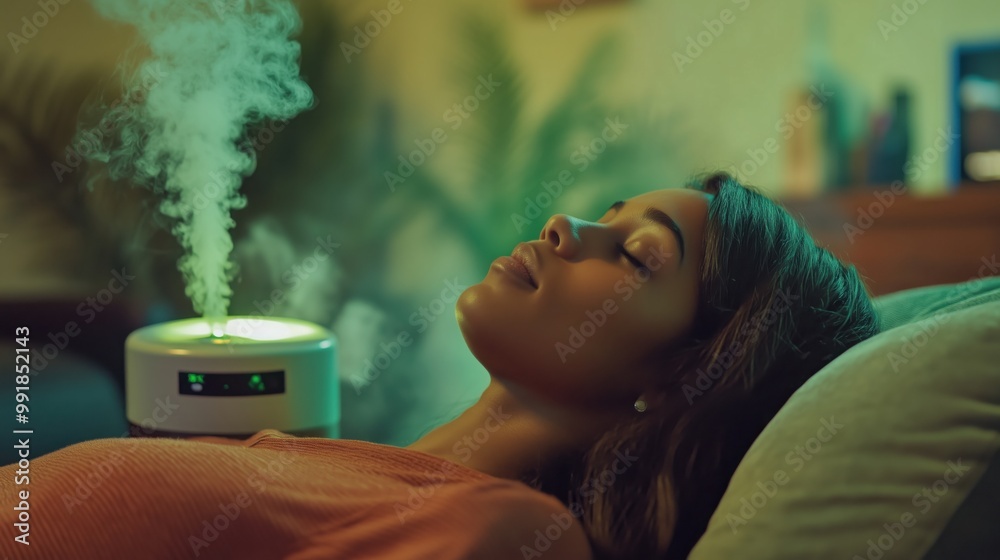 In the front, a close-up of a sleeping relaxed woman, behind her an ...