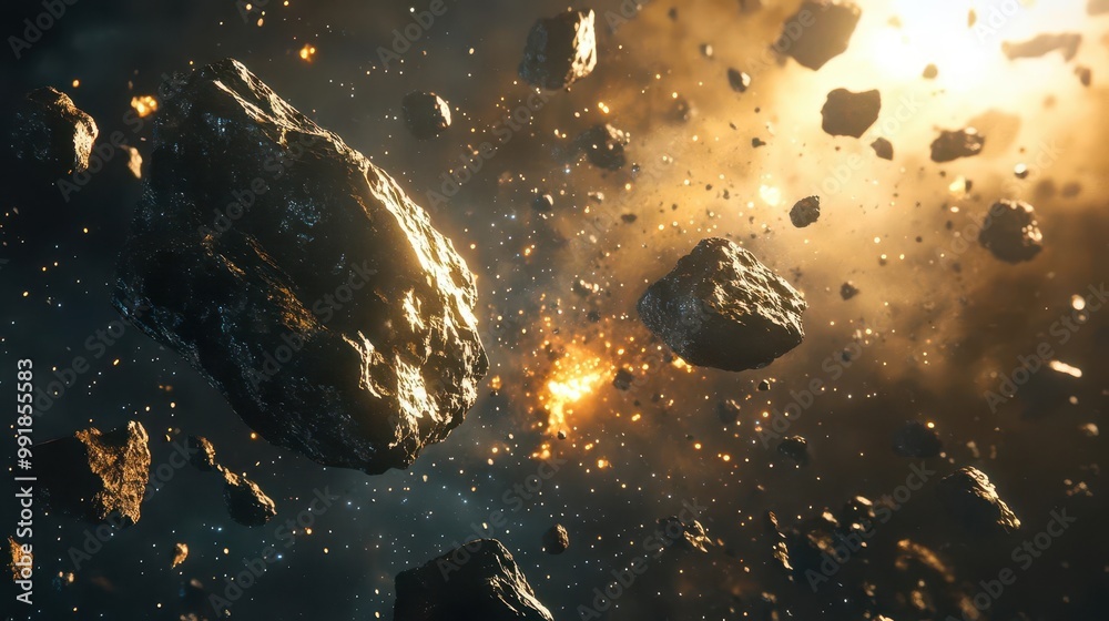 cosmic debris field hyperrealistic asteroid swarm deep space backdrop dynamic composition ...