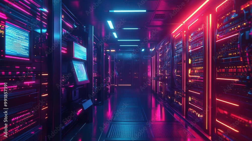 cyberpunk data center interior neonlit server racks stretching ...