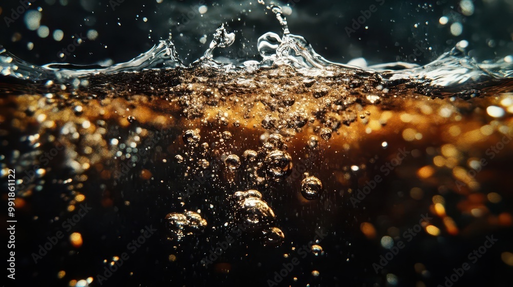effervescent cola explosion underwater dark bubbles rising against inky ...
