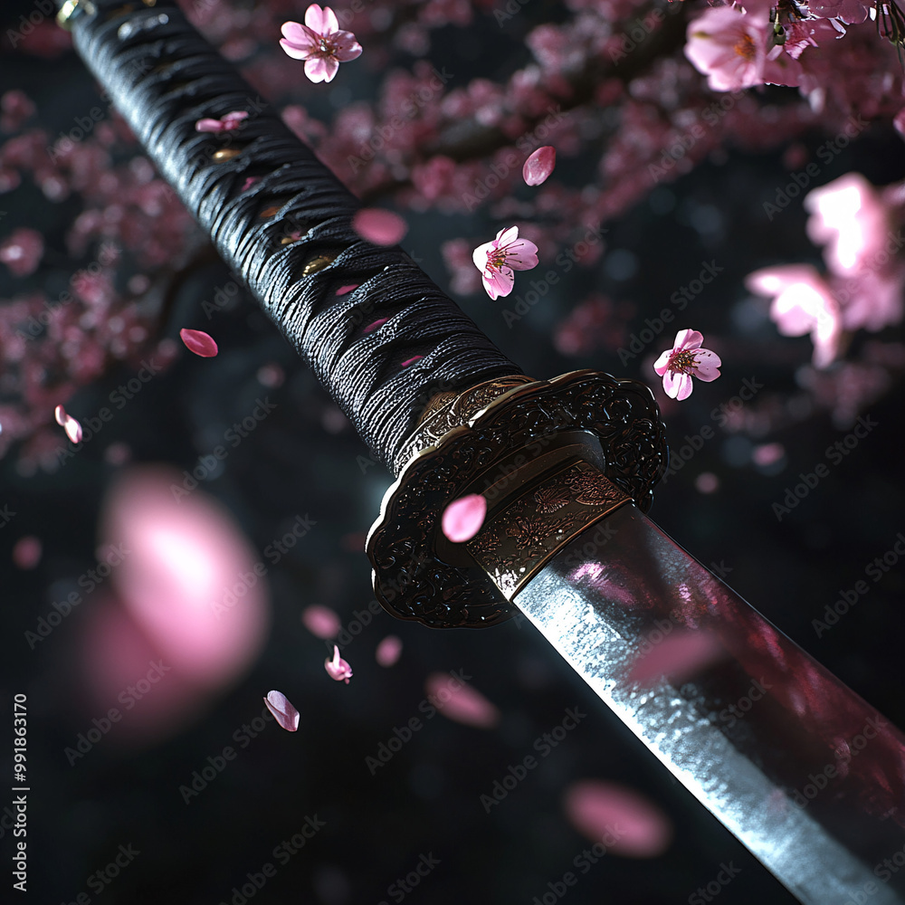 Close-up of katana sword reflecting cherry blossoms and traditional ...