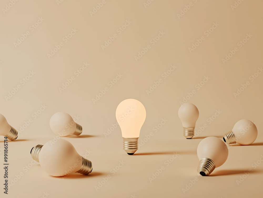 Lit light bulb standing upright among unlit bulbs on a beige background ...