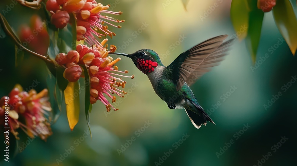 hummingbird frozen midflight wings a blur of motion sipping nectar from ...