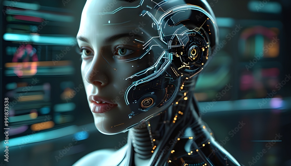 Futuristic digital interface merging human face with advanced ...