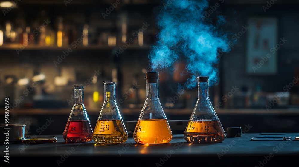 Four beakers filled with colorful liquids on a table in a lab with blue ...