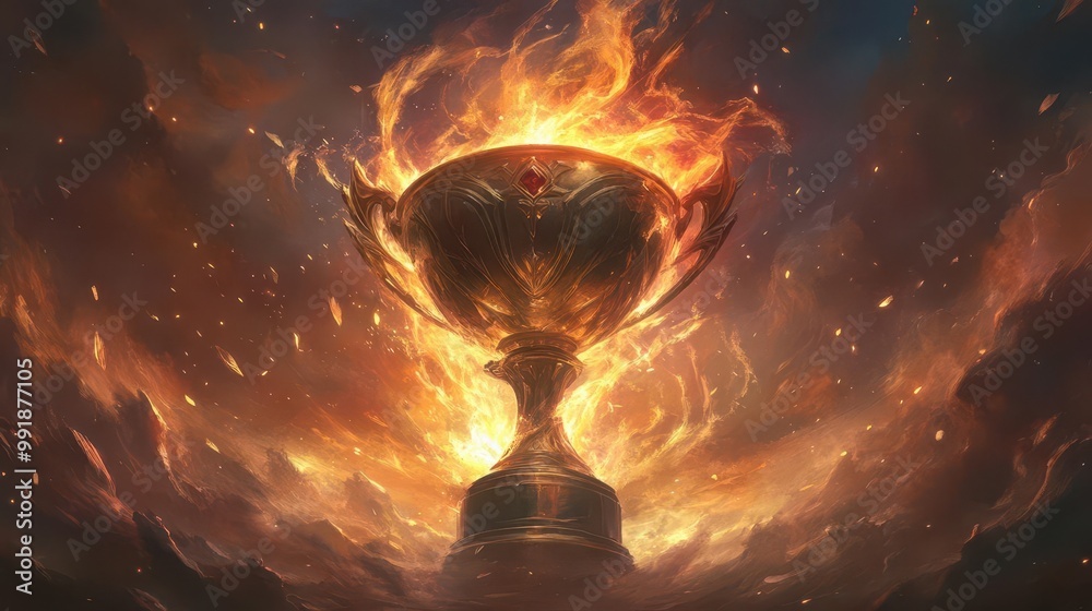 legendary trophy wreathed in ethereal flames floating above a swirling ...
