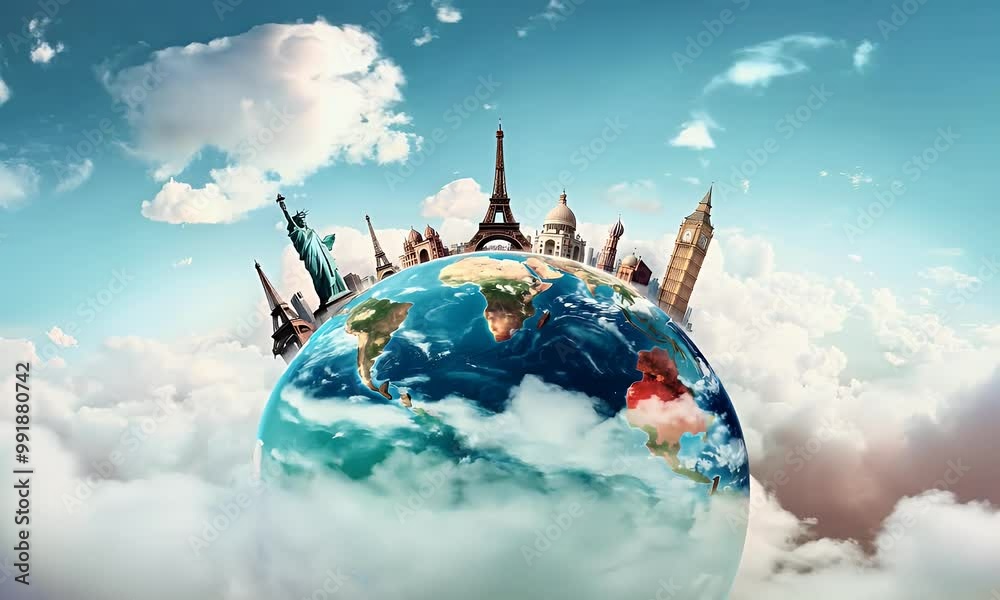 4K animation of a travel journey around the world, showcasing famous ...