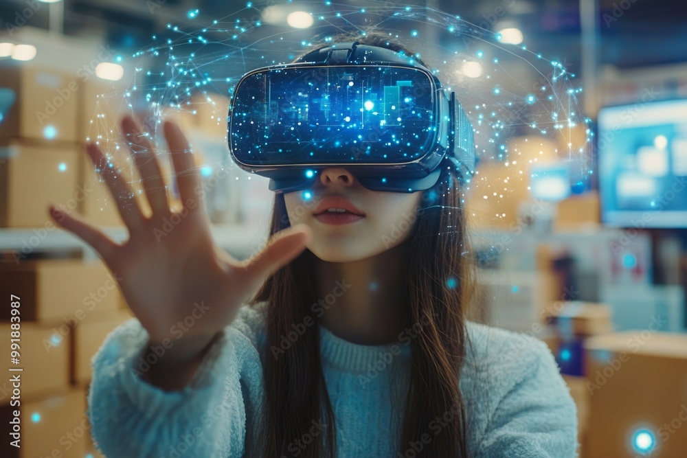 School student with VR headset using AI artificial intelligence ...