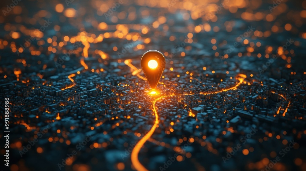 A glowing map pin sits atop a miniature city, illuminated by warm ...