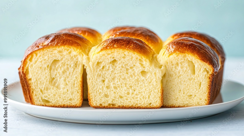 A sliced loaf of brioche, with its soft, golden interior, placed on a ...