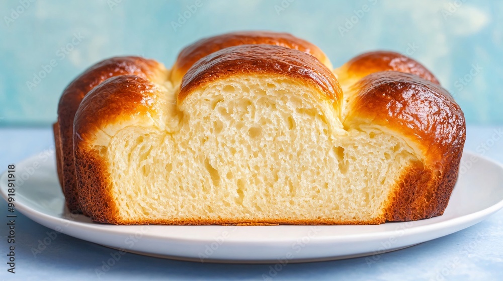 A sliced loaf of brioche, with its soft, golden interior, placed on a ...