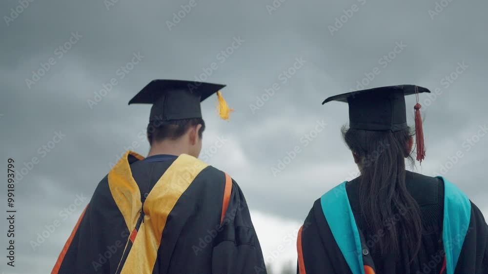 Two graduates stand side by side, one wearing a yellow and black gown ...
