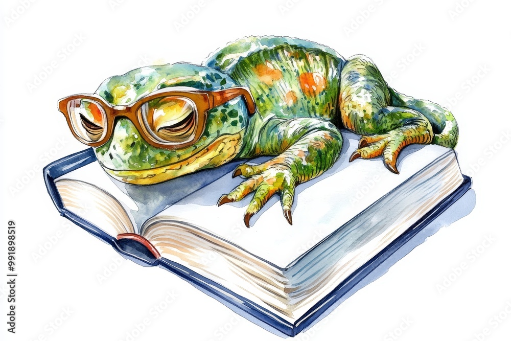 Watercolor illustration of a sleepy lizard wearing glasses and resting ...