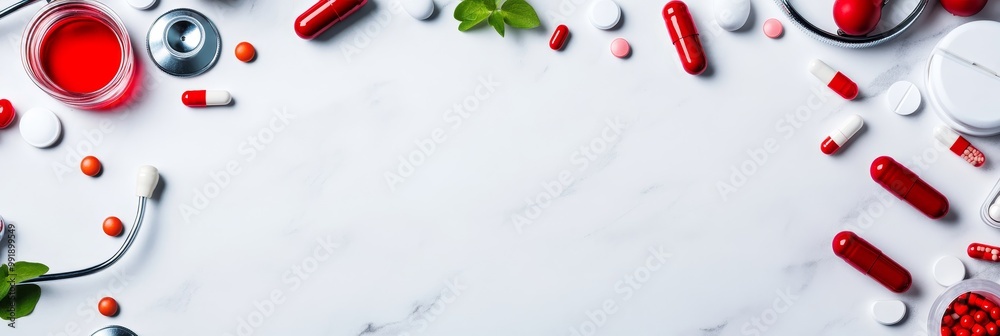 Medical and health frame border background with a stethoscope, pills ...