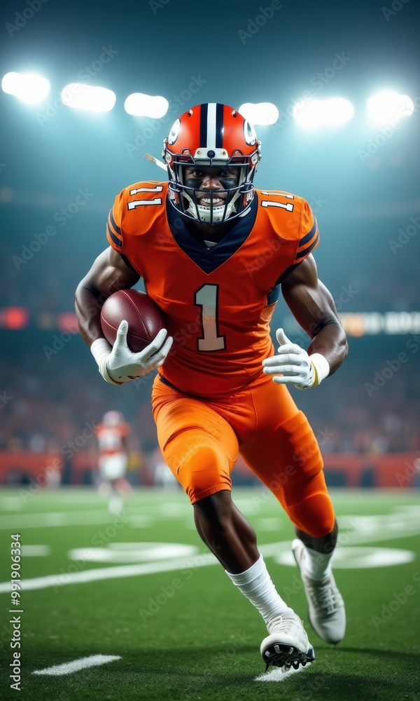 Dynamic football player in an orange uniform sprinting on the field ...
