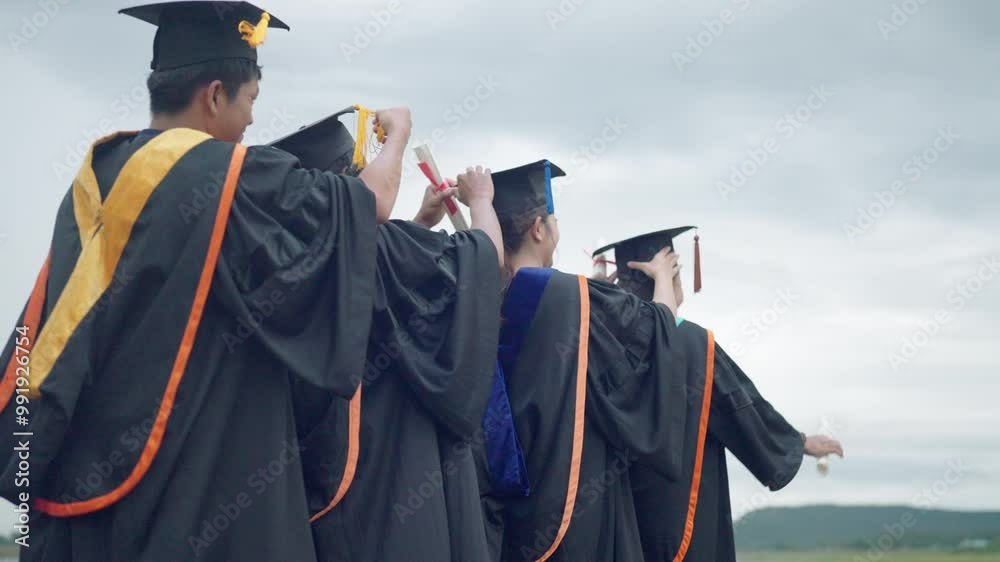 Four graduates are standing on a hill, holding their graduation caps ...