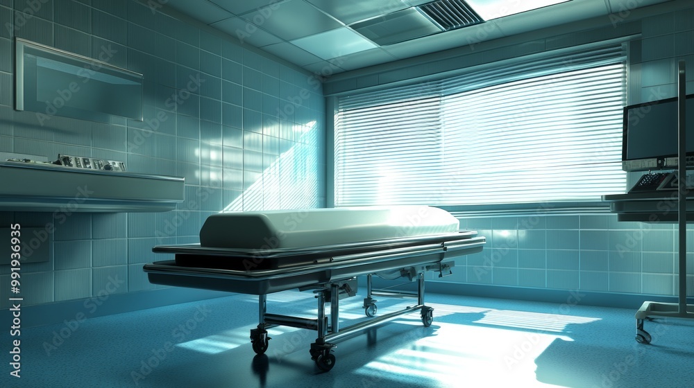 Light passing through a window onto a mortuary examining table at a low ...