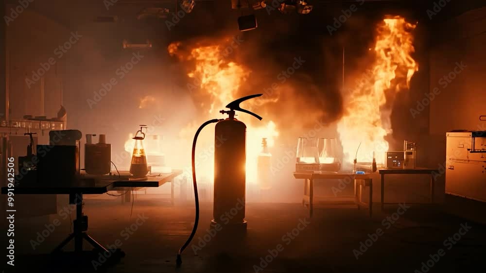 A laboratory filled with glassware and equipment is ablaze, flames ...