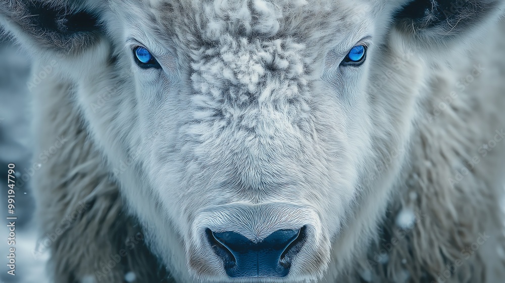 Realistic white buffalo with blue eyes head on close up very sharp ...