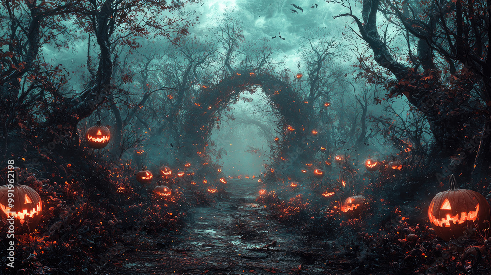 Dark spooky surreal forest, path in fairy tale woods on Halloween ...