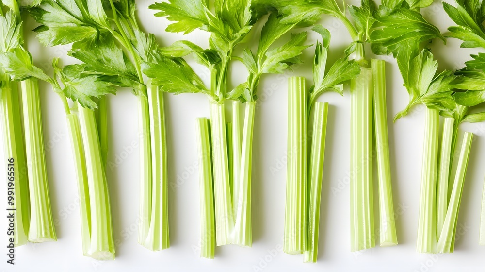 Realistic spread of fresh celery stalks on a white background ...
