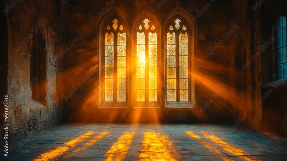 Sunlight streams through the stained glass windows of an ancient ...