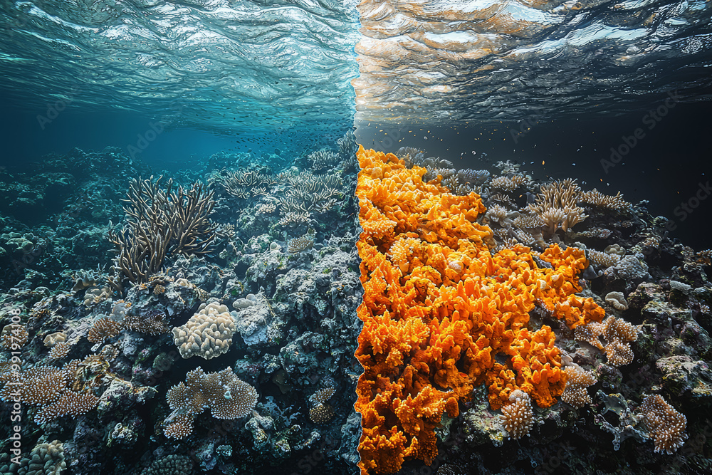 A divided ocean scene where one side is teeming with marine life, and ...