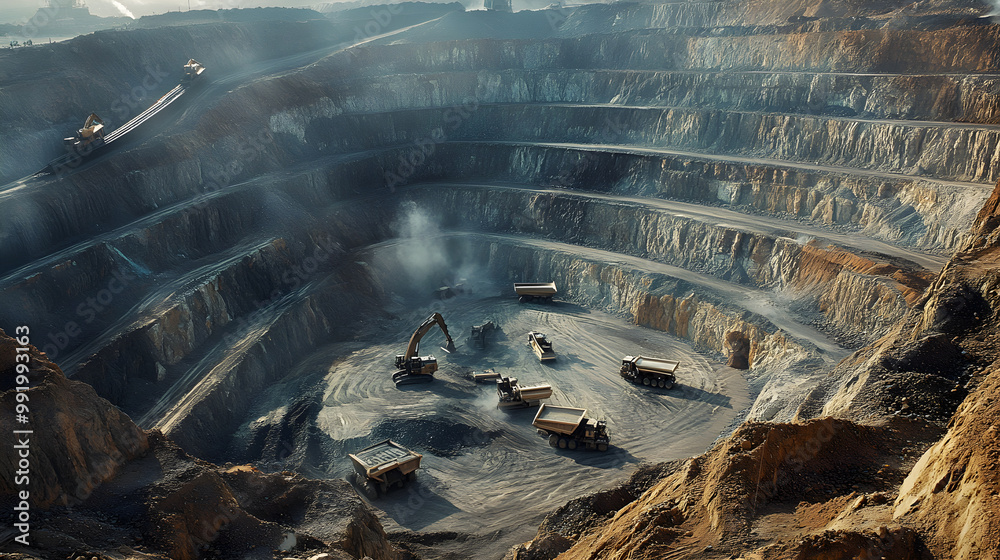 Expansive Open-Pit Mine: Heavy Machinery in Action, Extracting Valuable ...