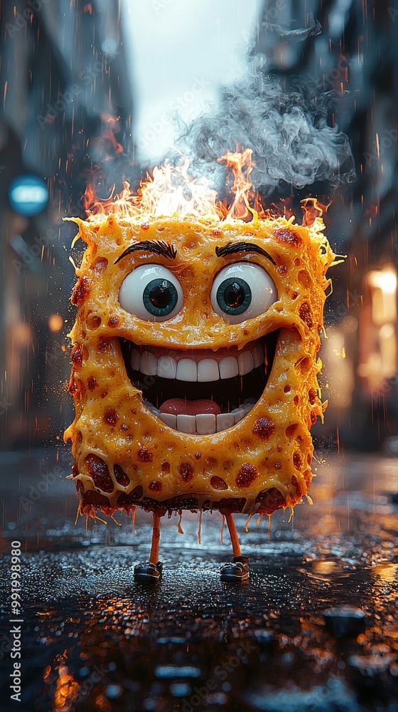 Cheerful animated sponge character stands in the rain with flames on ...