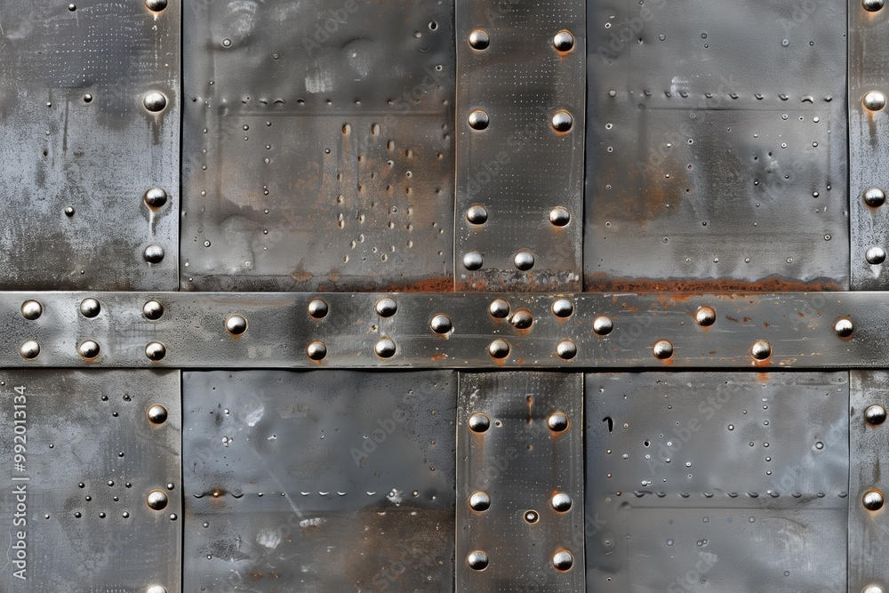Seamless weathered metal door with rivets and rust. The surface shows signs of wear, with a ...