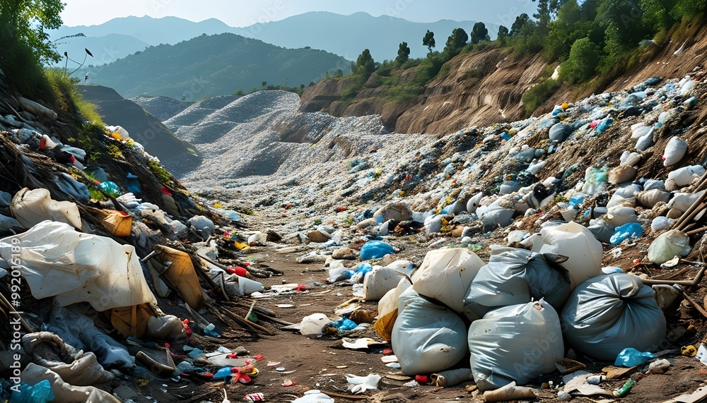 Overwhelming plastic waste accumulation at landfill highlighting ...