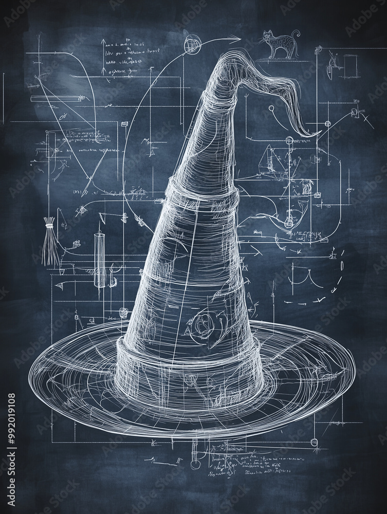 witch hat halloween blueprint, draft drawing. wicked engineering ...
