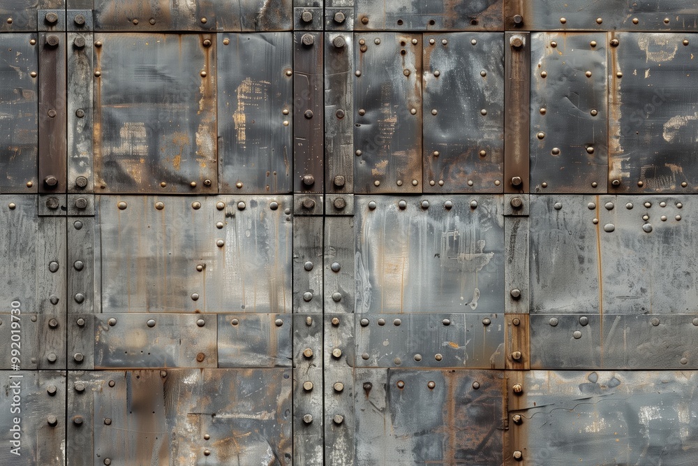 Seamless weathered metal wall featuring riveted steel plates. The ...