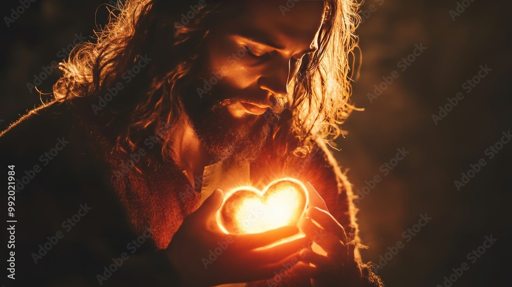 Jesus holding a radiant, glowing heart that symbolizes unconditional ...