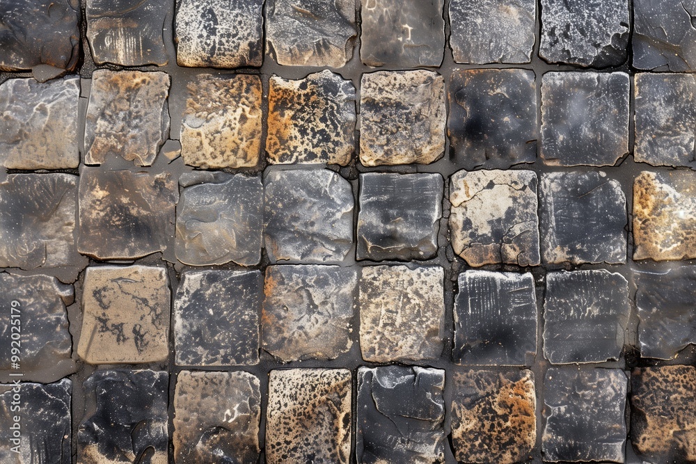 Textured stone flooring pavement made of square tiles in various shades ...